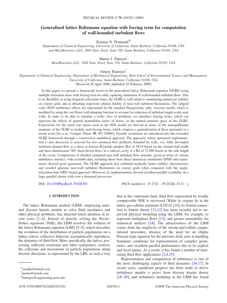 (2009) Generalized Lattice-Boltzmann Equation with Forcing Term for Computation of Wall-Bounded ...