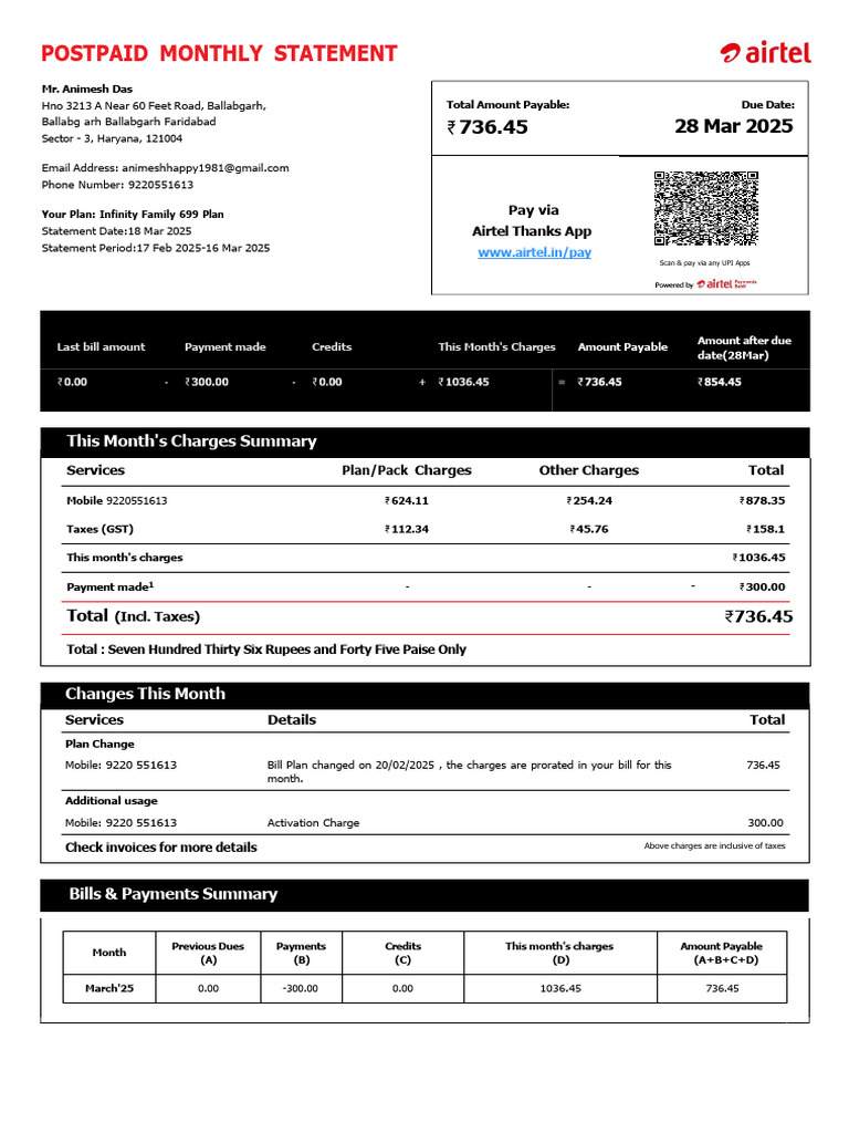 Postpaid Monthly Statement: This Month's Charges Summary | PDF | Taxes | Payments