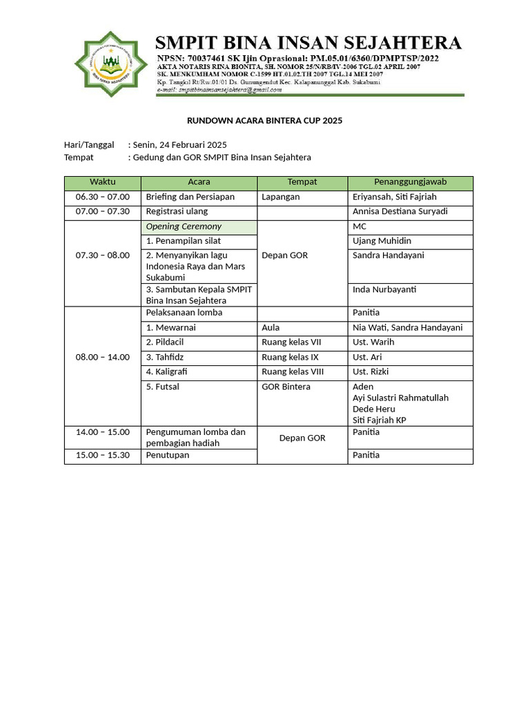 Rundown Acara Bintera Cup 2025 | PDF