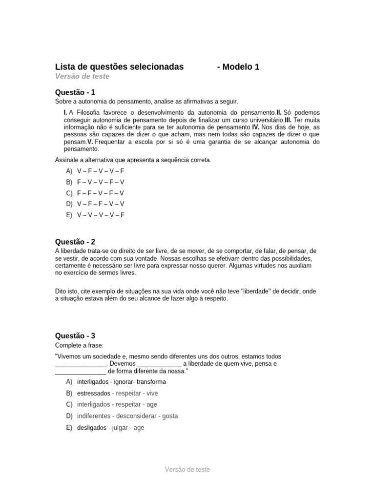 Lista Questoes Selecionadas 16-04-2025 13h16min | PDF | Pensamento | Liberdade