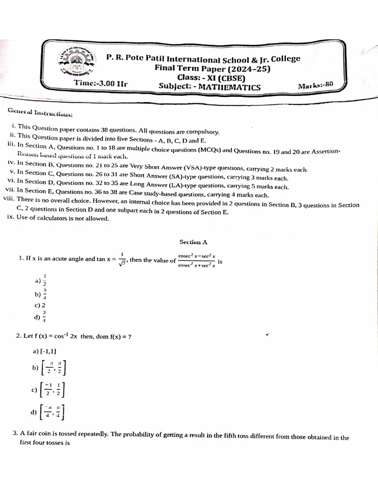 Maths Final Term Paper Class XI | PDF