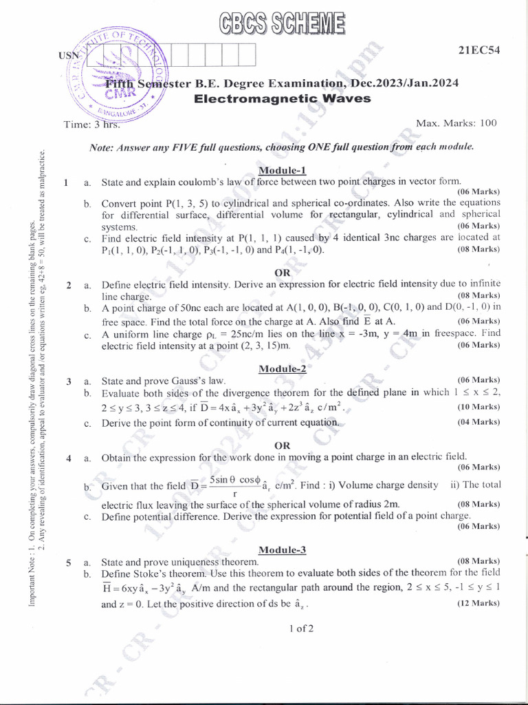 VTU Question Paper of 21EC54 Electromagnetic Waves Jan-Fab-2024 | PDF