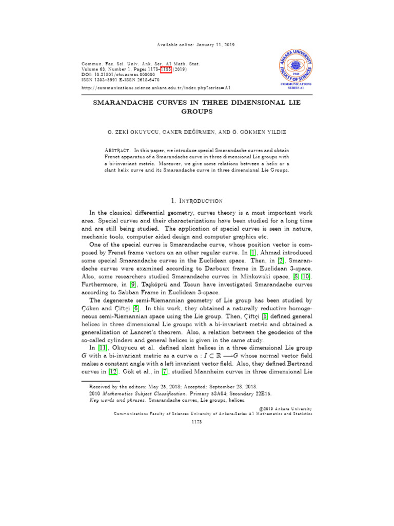 Smarandache Curves in Three Dimensional Lie Groups | PDF | Analytic Geometry | Space (Mathematics)