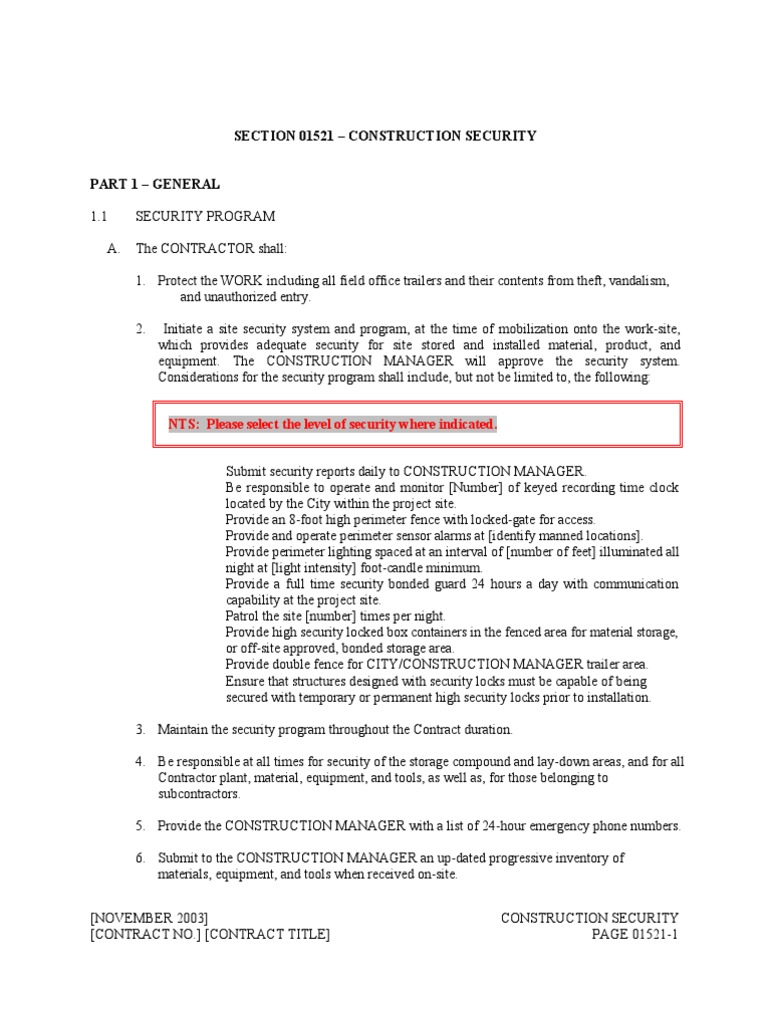 Section 01521 - Construction Security: NTS: Please Select The Level of Security Where Indicated ...