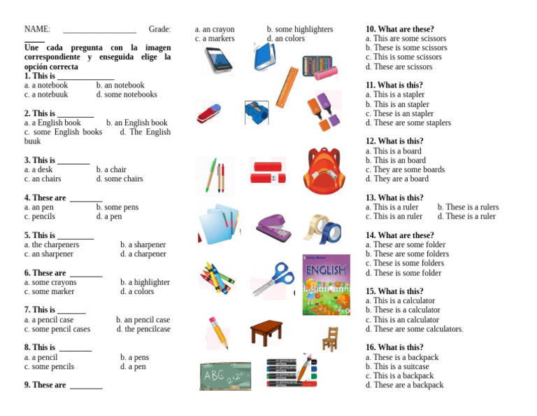 School Objects Identification Worksheet | PDF | Stationery | Writing ...