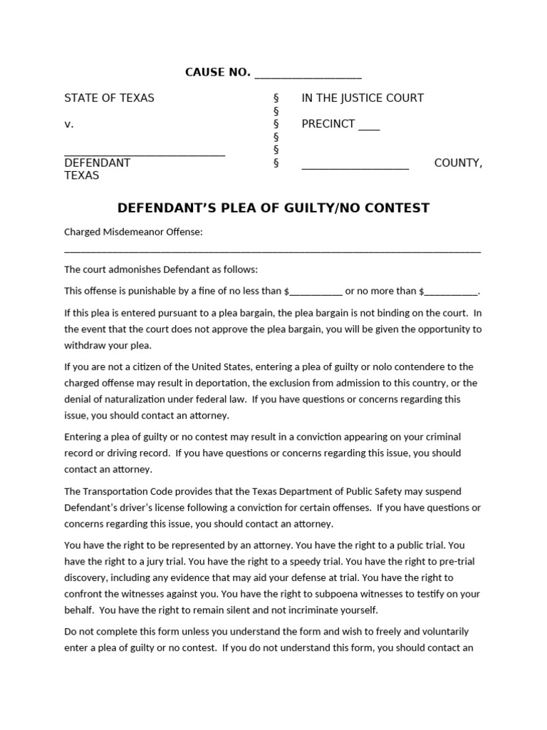 Defendants Plea of Guilty or Nolo | PDF | Nolo Contendere | Plea