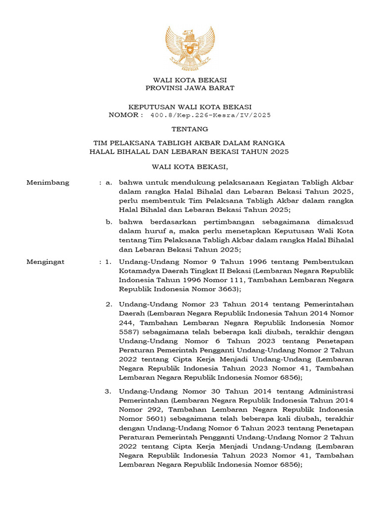 SK Tim Pelaksana Tabligh Akbar DLM Rangka Halal Bihalal Dan Lebaran Bekasi Tahun 2025 | PDF