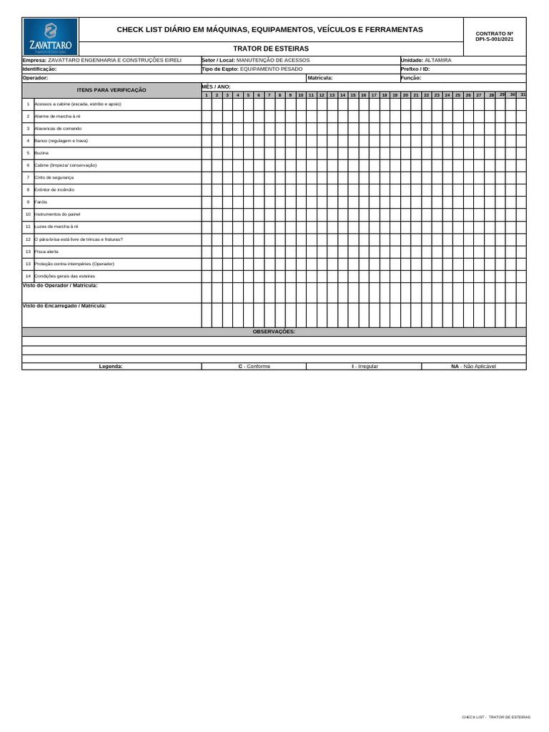 Check List Diário - Trator de Esteiras | PDF