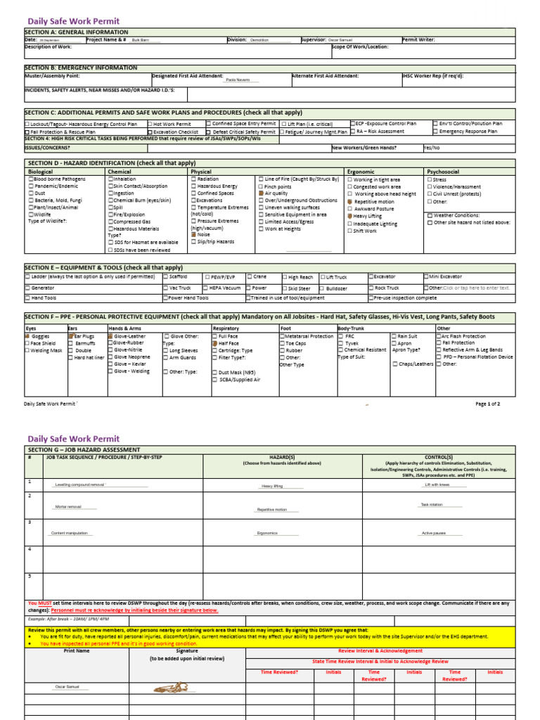 Daily Safe Work Permit I Sample | PDF | Personal Protective Equipment ...