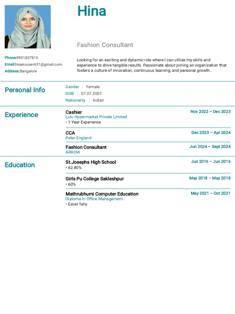 Hina Tariq's Resume: Fashion Consultant | PDF