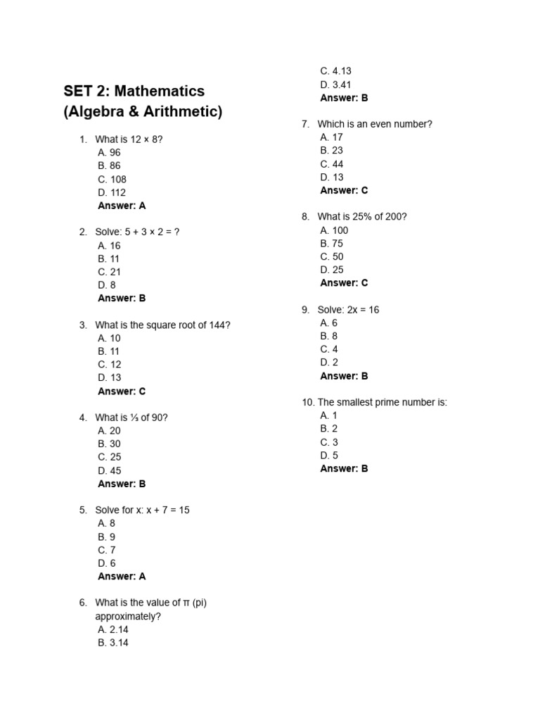 SET 2 - Mathematics (Algebra & Arithmetic) - Part 1 | PDF