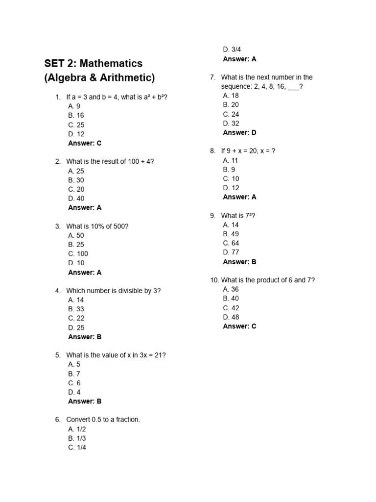 SET 2_ Mathematics (Algebra & Arithmetic) - Part 2 | PDF