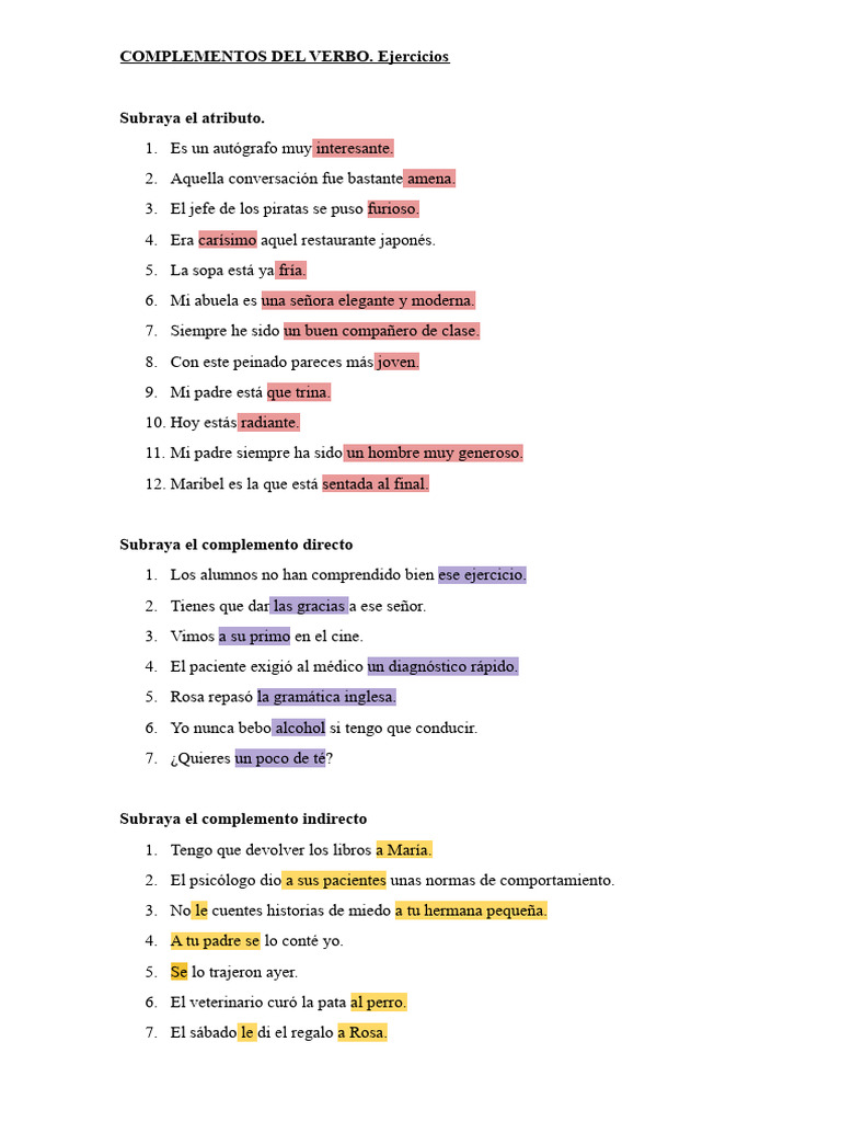 Ejercicios Complementos Del Verbo | PDF | Asunto (gramática) | Lingüística