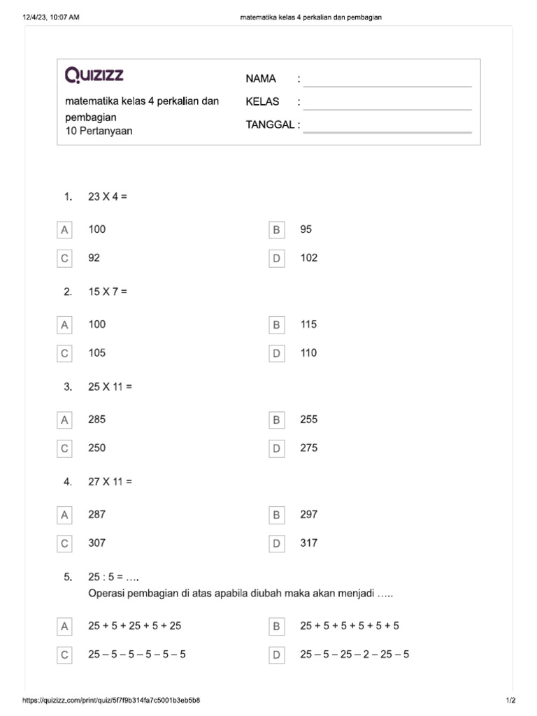 Soal Perkalian Pembagian KLS 4 | PDF