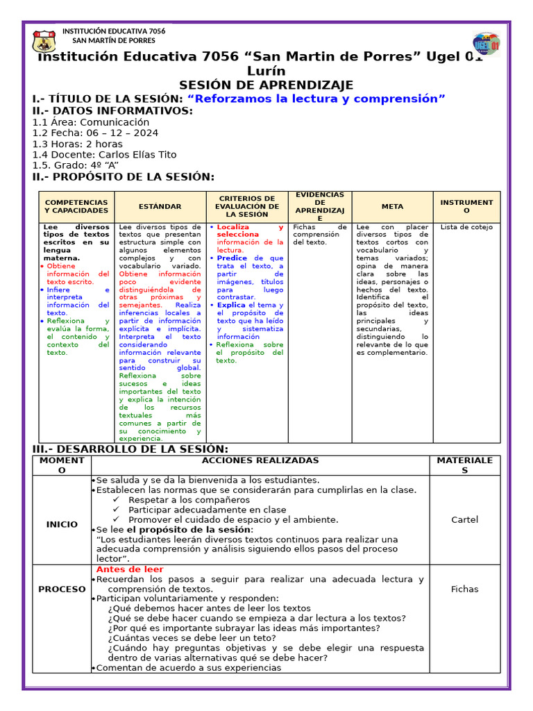 Sesion de Aprendizaje Refuerzo de Comunicacion Lect | PDF | Comunicación | Psicología cognitiva