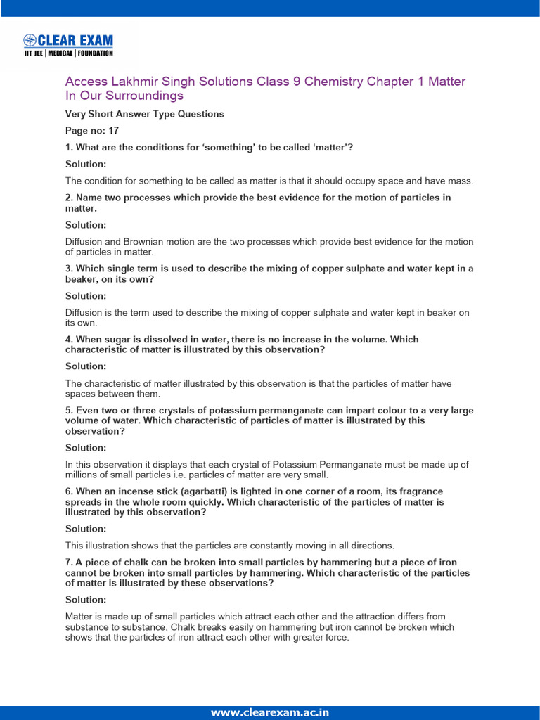 Access Lakhmir Singh Solutions Class 9 Chemistry Chapter 1 Matter in Our Surroundings | PDF ...
