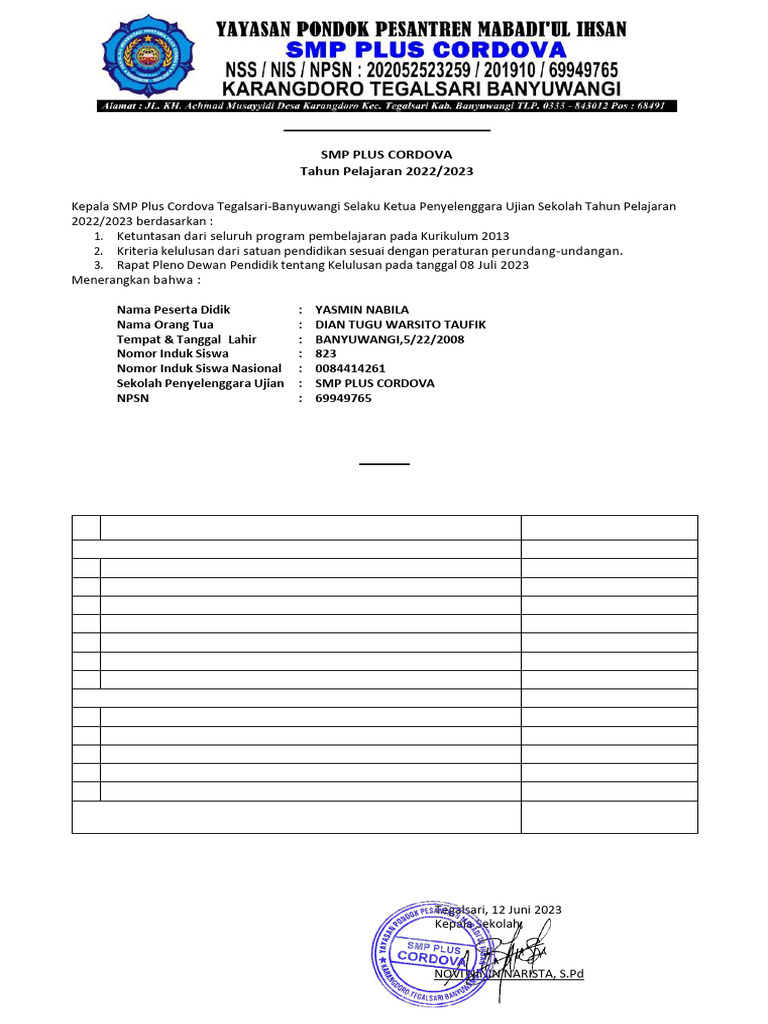Surat Keterangan Lulus SMP 2023 | PDF