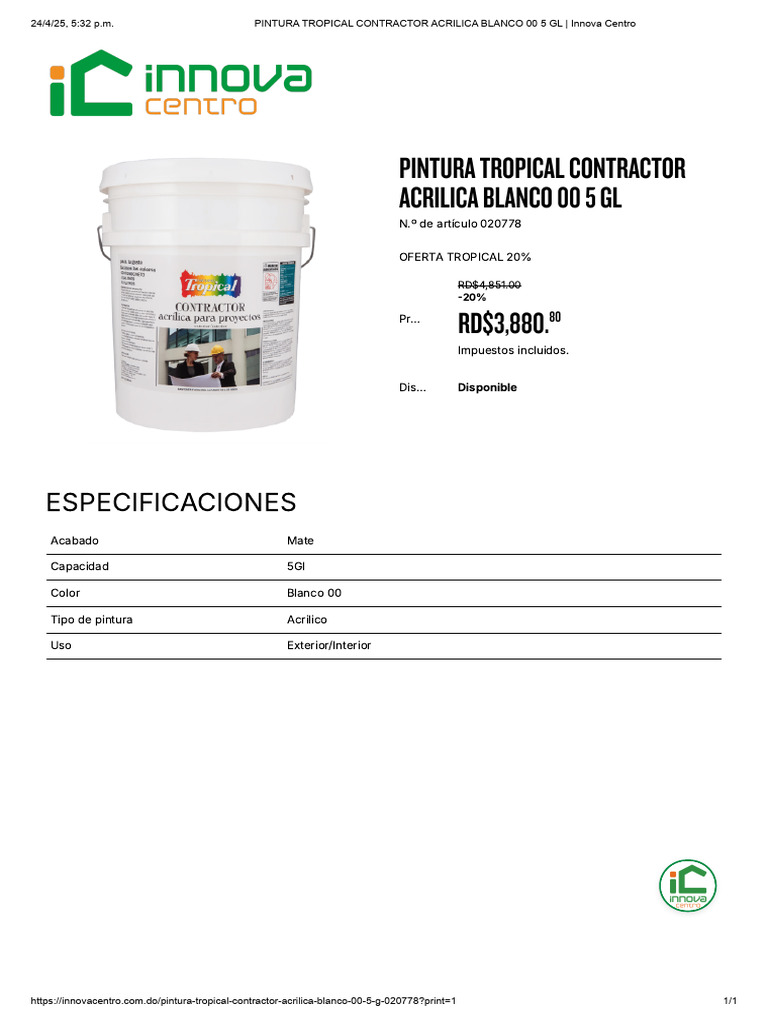 Pintura Tropical Contractor Blanco 00 | PDF