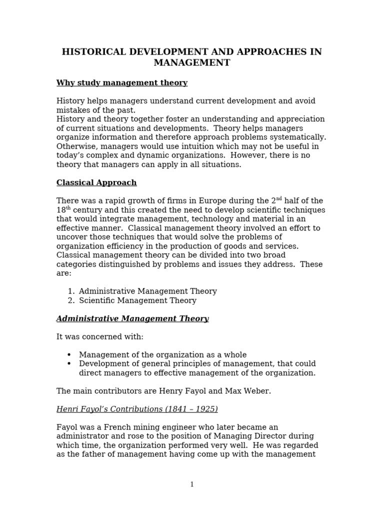 Historical Development and Approaches in Management | PDF | Bureaucracy ...