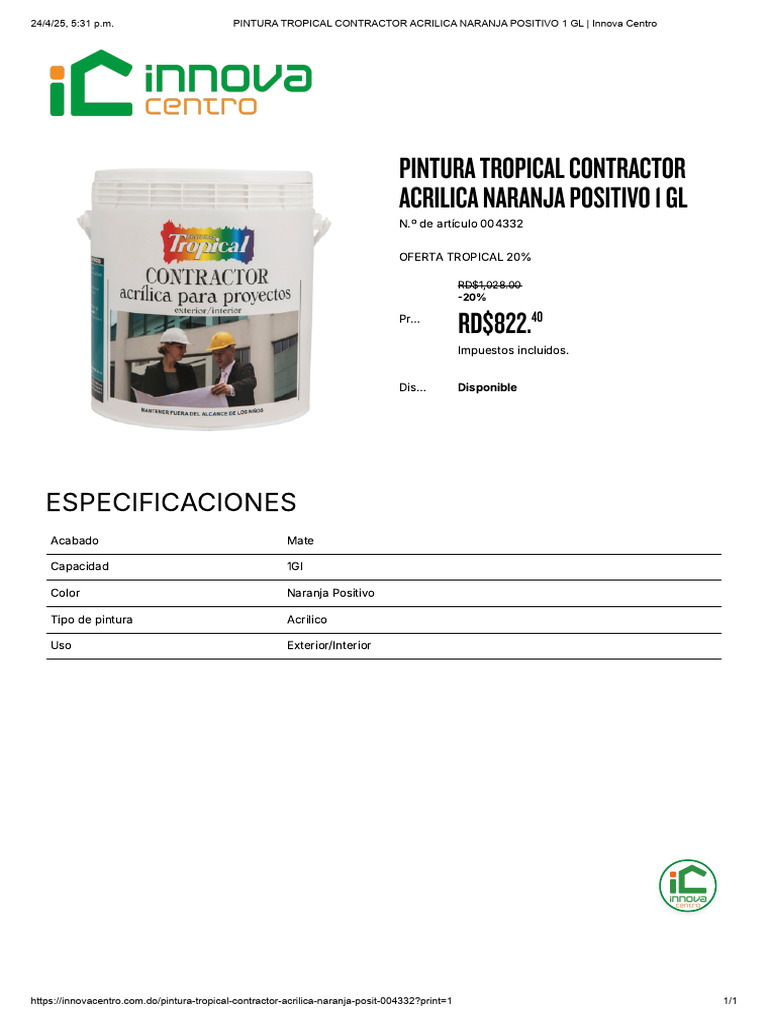 PINTURA TROPICAL CONTRACTOR ACRILICA NARANJA POSITIVO 1 GL - Innova ...