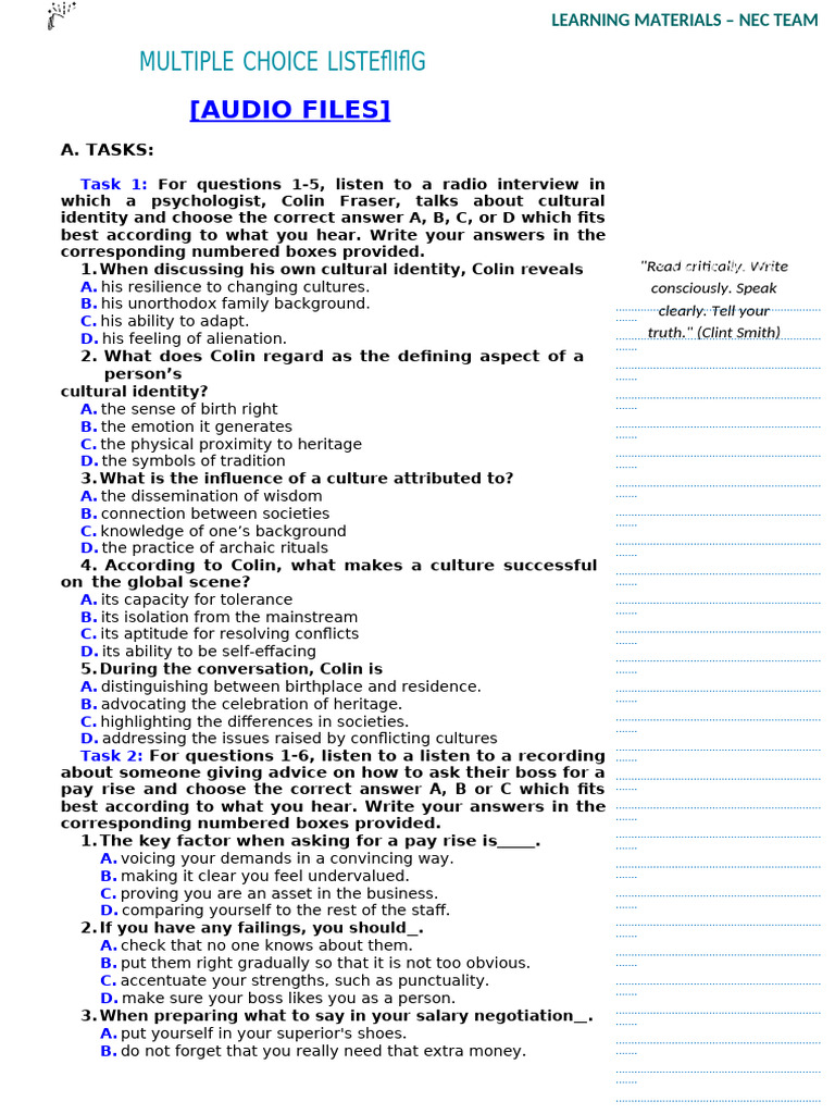 Multiple Choice Listening - 1 | PDF | Identity (Social Science) | Truth