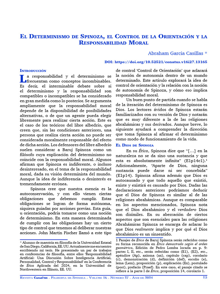 Determinismo de Spinoza El Control de La Orientaci | PDF | Baruch Spinoza | Libre albedrío