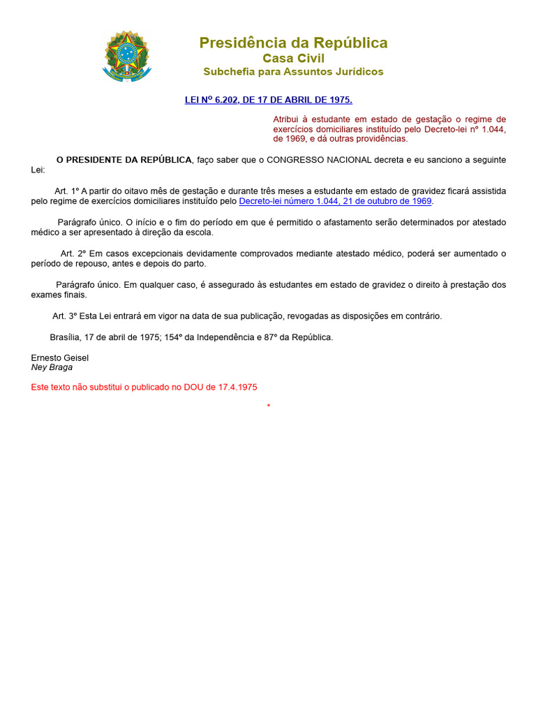 L6202 de 17 de abril de 1975 gestane em exercicios domiciliares | PDF