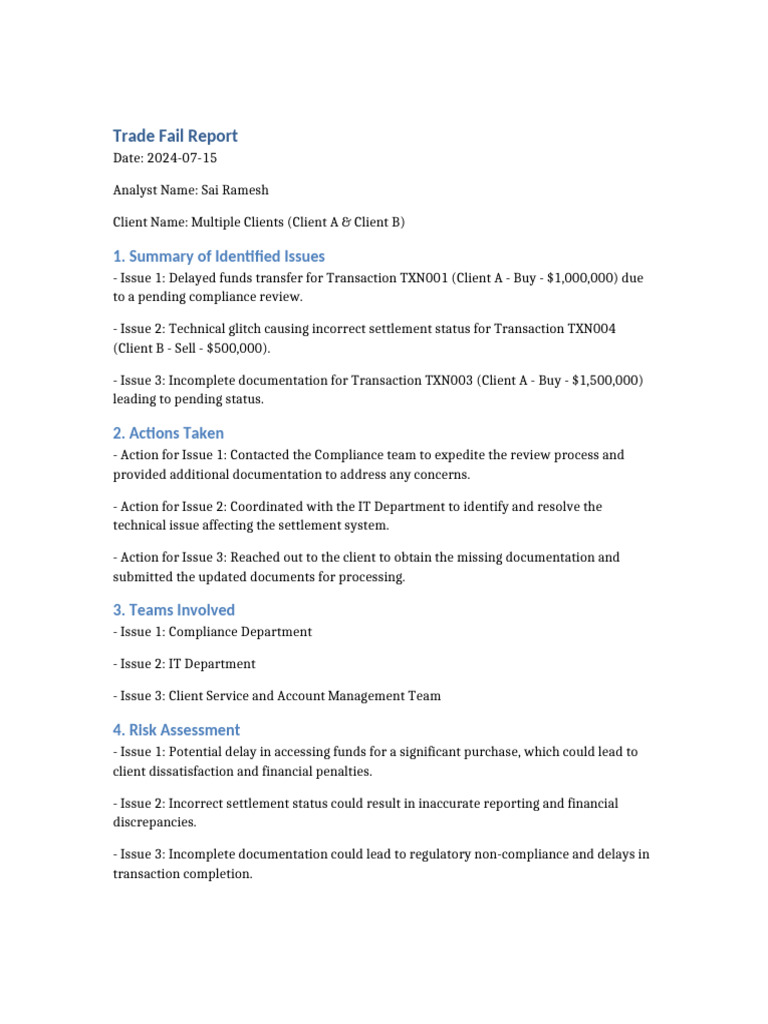 Trade Failure Analysis and Solutions Report | PDF