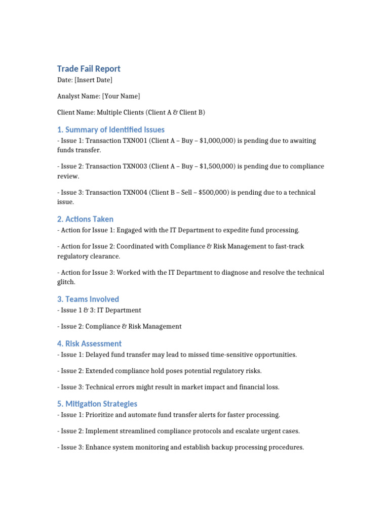 Trade Fail Report Summary and Actions | PDF