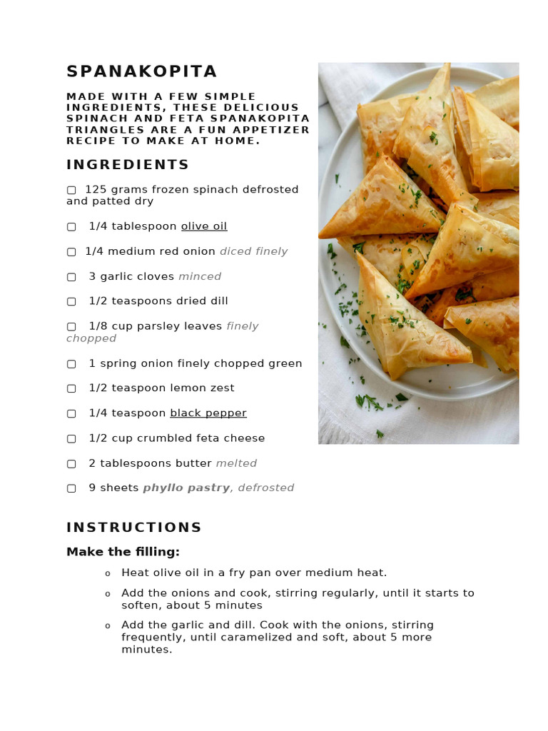 SPANAKOPITA Spinach and Feta Cheese Triangles GREECE | PDF | Western Cuisine | European Cuisine