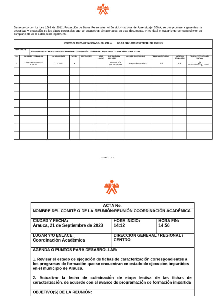 GD-F-007 - ACTA ACTUALIZACION FECHAS FICHAS Inf Tomada de Acá | PDF | Información