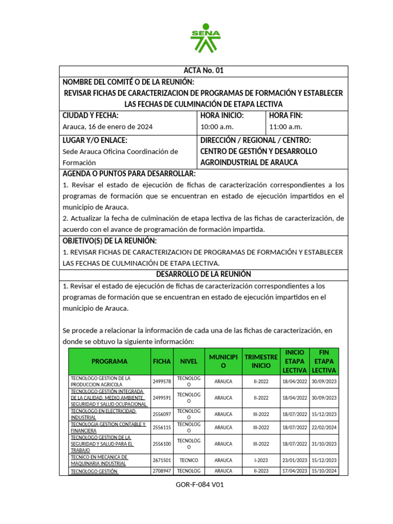 GOR-F-084 - Formato - de - Acta - V01 ACTAULIZACION FECHAS FICHAS | PDF