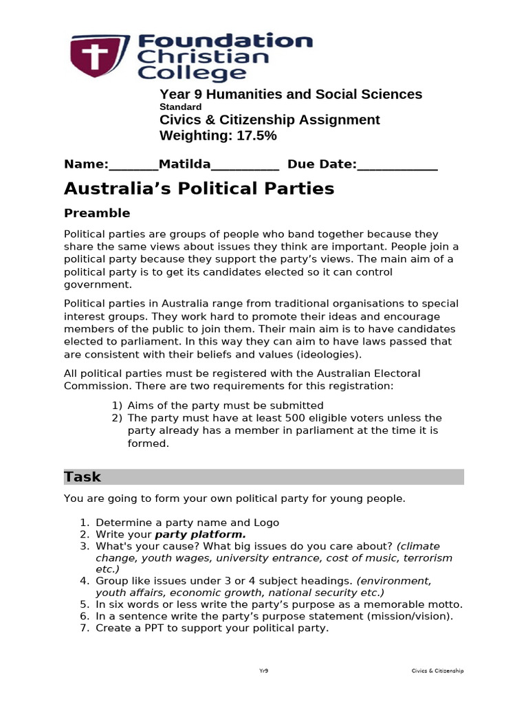 Australia's Political Parties Assignment Standard | PDF | Political ...