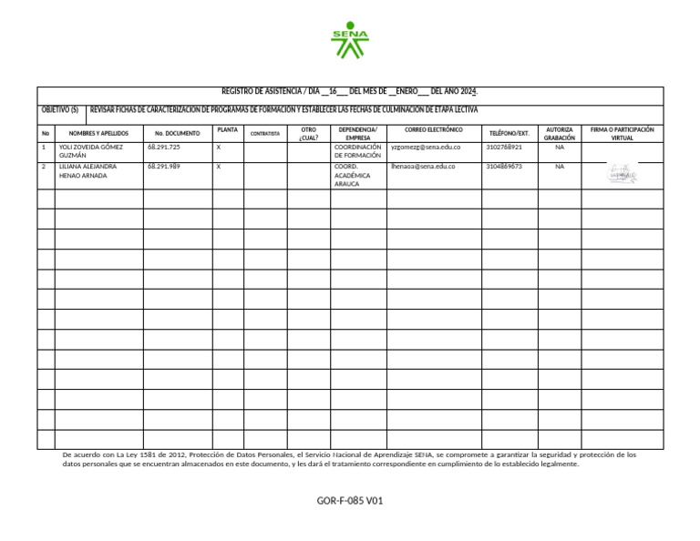 GOR-F-085 - Registro - de - Asistencia - V01 ACTUALIZACION FECHA FICHAS | PDF