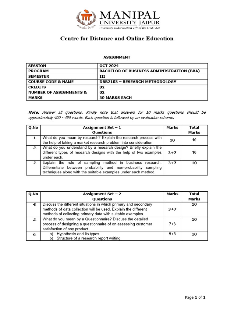 Research Methodology Assignment - DBB2103 - BBA - 3 - Set 1 and 2 - Jul-Aug - 2024 | PDF