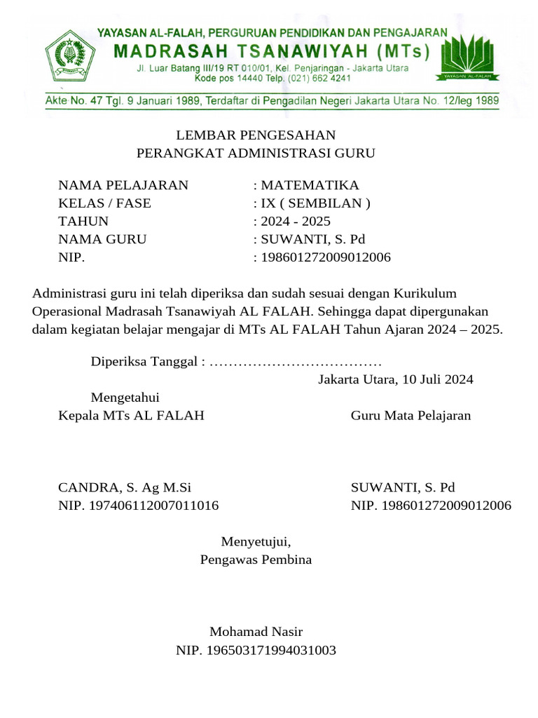 Lembar Pengesahan Administrasi Guru | PDF