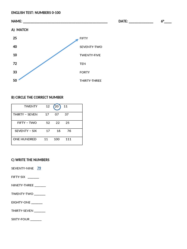 Numbers 0-100 Test Adaptado | PDF