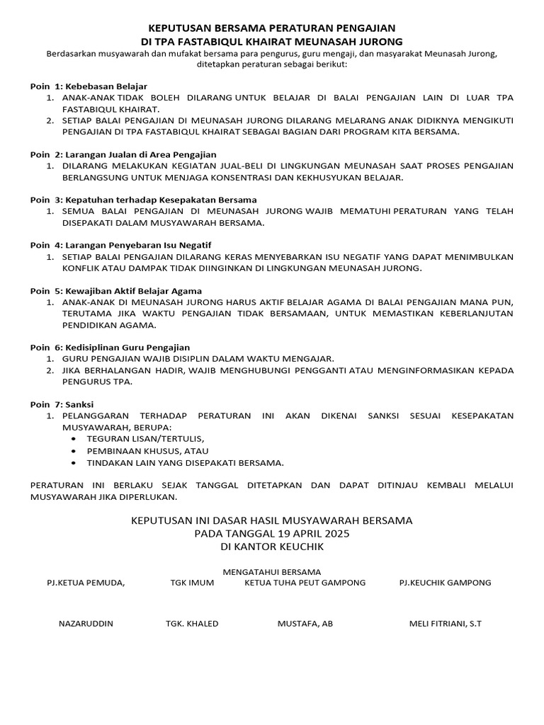 Keputusan Bersama Peraturan Pengajian Tpa Fastabiqul Khairat | PDF
