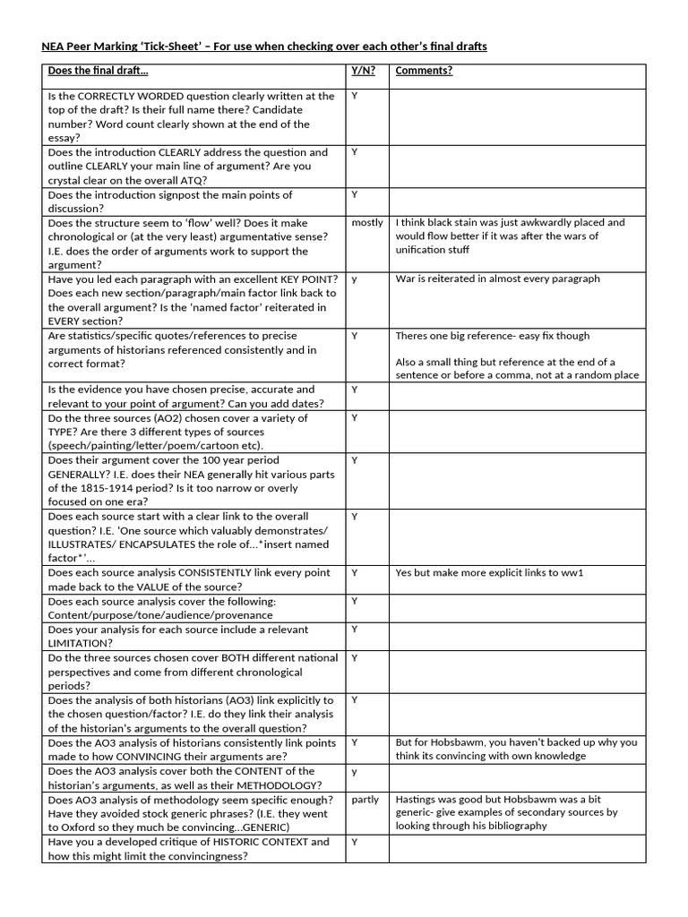 A Level History Aqa NEA Marking TickSheet | PDF | Human Communication