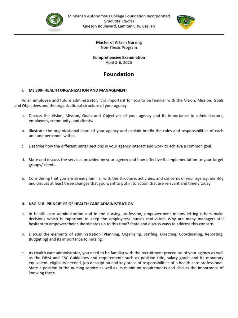 MACFI MAN 2024 2025 COMPRE EXAM April 2025 | PDF | Nursing | Mental Health