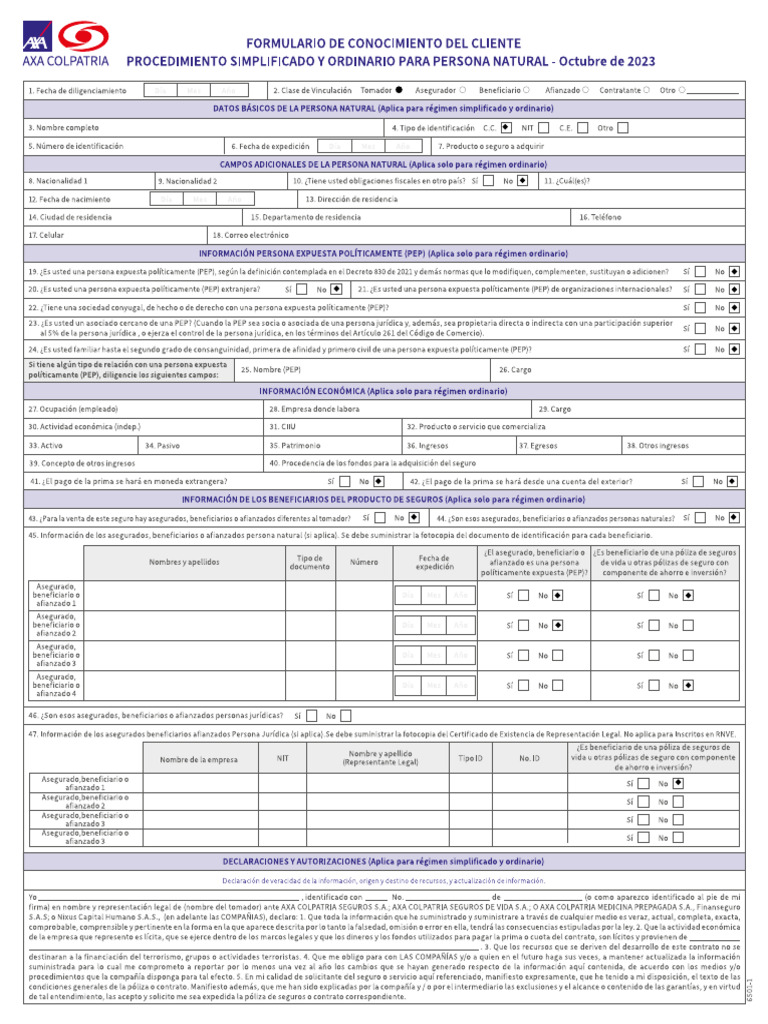 NORMA SARLAFT - FORMULARIO PERSONA NATURAL - OCTUBRE 2023 (2) | PDF