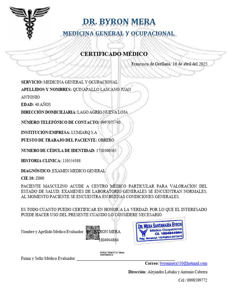 CERTIFICADO DE SALUD OCUPACIONAL 2025-QUINAPALLO JUAN | PDF