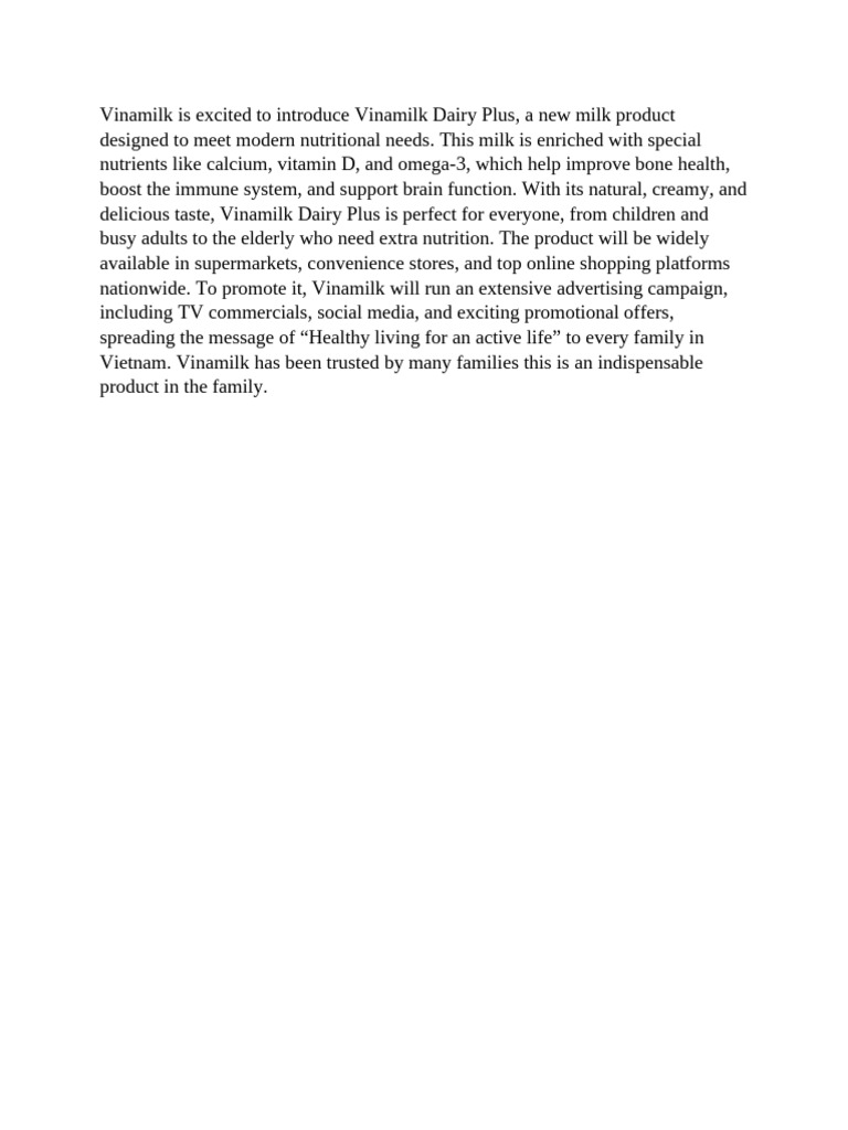 Vinamilk Dairy Plus: Nutrient-Rich Milk | PDF