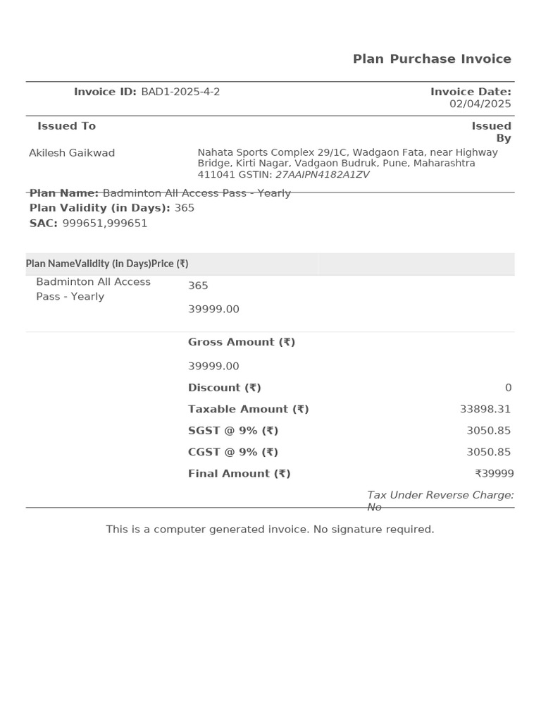 Badminton All Access Pass Invoice | PDF
