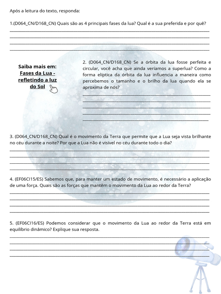 Atividade Ciências - AL | PDF | Lua | Terra