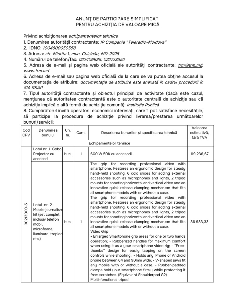 Anunț de Participare Echipamente (5) .Semnat | PDF | Microphone | Smartphone