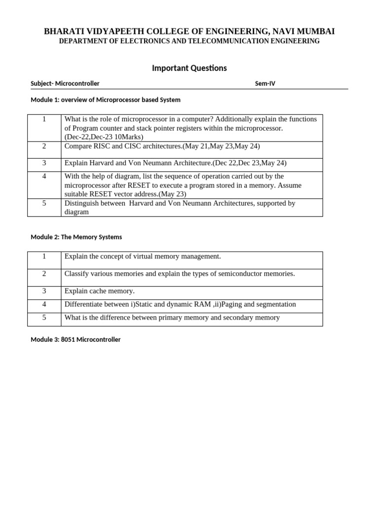 Important Questions - Microcontroller | PDF | Microprocessor | Computer Memory