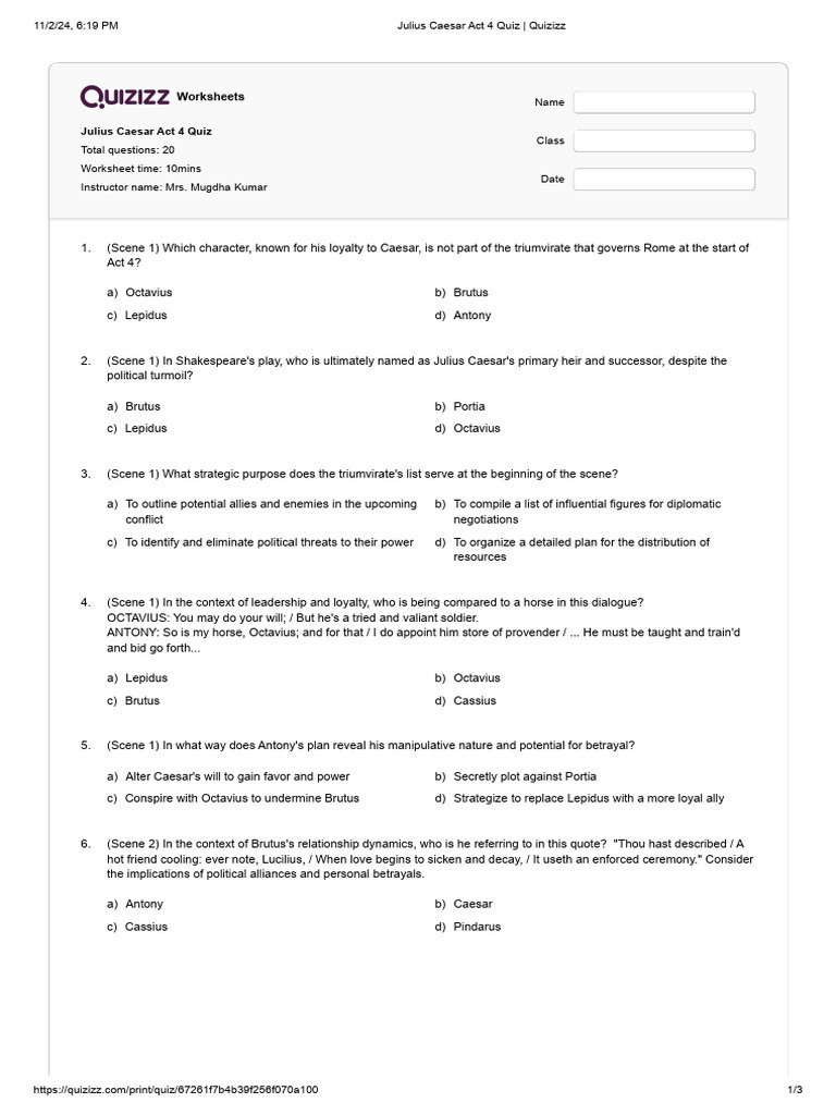 Julius Caesar Act 4 Quiz Questions | PDF | Mark Antony | Augustus