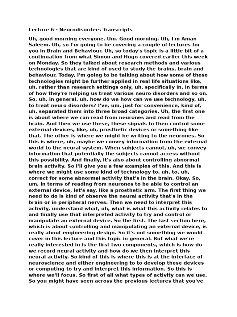 Lecture 6 - Neurodisorders Transcripts | PDF | Neural Oscillation | Nervous System