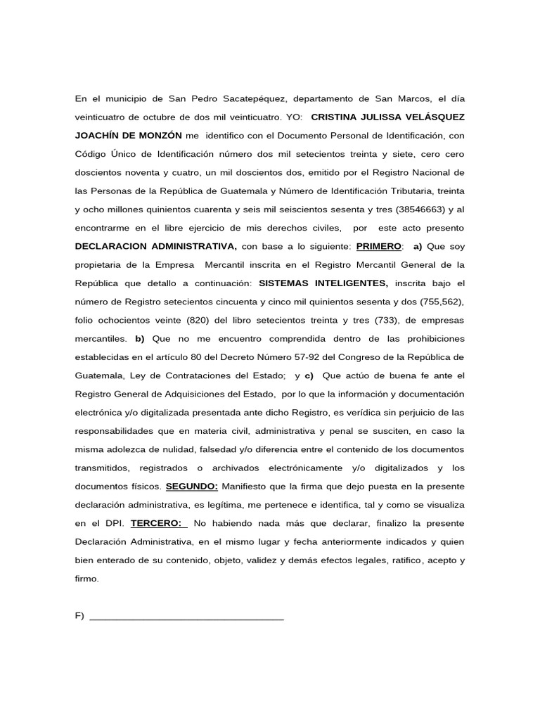 Modelo-de-Declaracion-Administrativa JULISSA | PDF